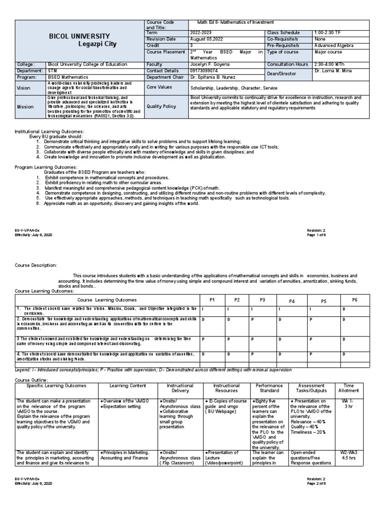 Bicol University Legazpi City: BU-F-VPAA-04 Revision: 2 Effectivity ...