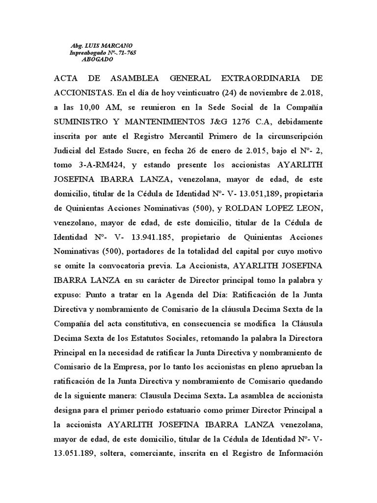 Acta de Asamblea, Comisario y Junta Directiva | PDF | Gobierno