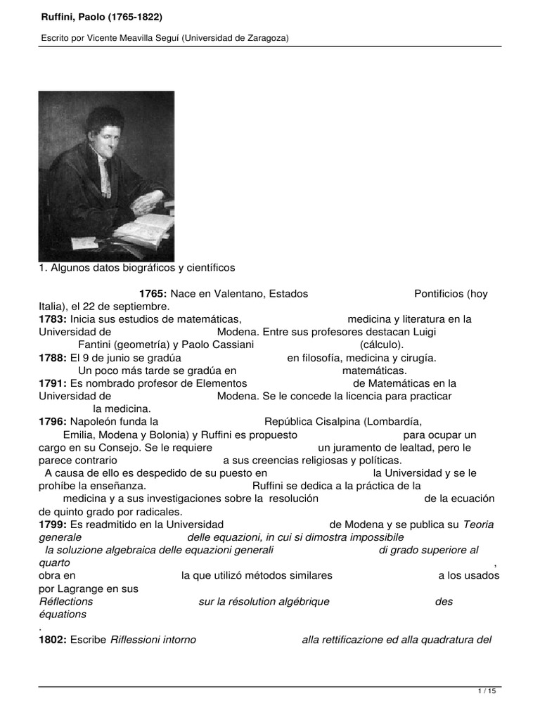 Ruffini Paolo 1765 1822 | PDF | Ecuaciones | Análisis matemático