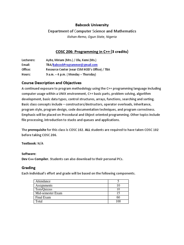COSC 206 SyllabusRevised | PDF | C++ | Computer Program