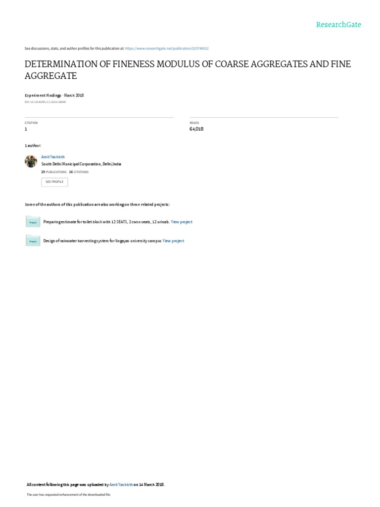 Determination Of Fineness Modulus Of Coarse Aggregates And Fine Aggregate Pdf