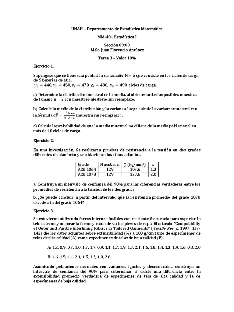 Tarea 3 MM401 0900 | PDF | Intervalo de confianza | Métodos de búsqueda