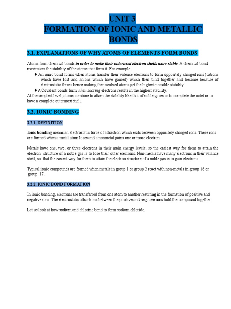 Chemistry s4 Notes - Unit 3 | PDF | Ionic Bonding | Ion