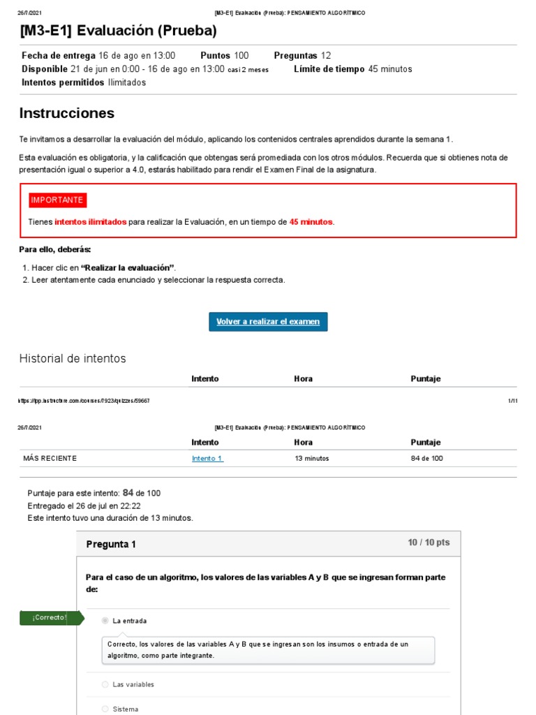 M3 E1 Evaluaci N Prueba PENSAMIENTO ALGOR TMICO PDF | PDF | Prueba (evaluación) | Algoritmos