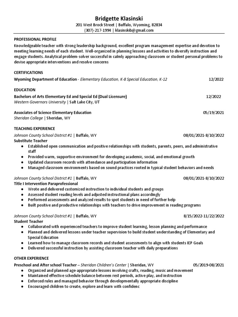 Bridgette Klasinski Resume Updated August 2022 | PDF | Teachers | Special Education