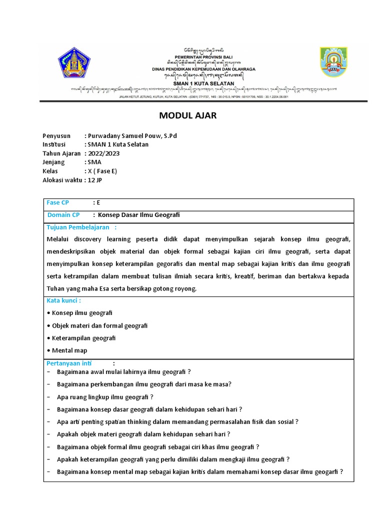 Modul Ajar Kelas X - Materi Ilmu Dasar Geografi | PDF