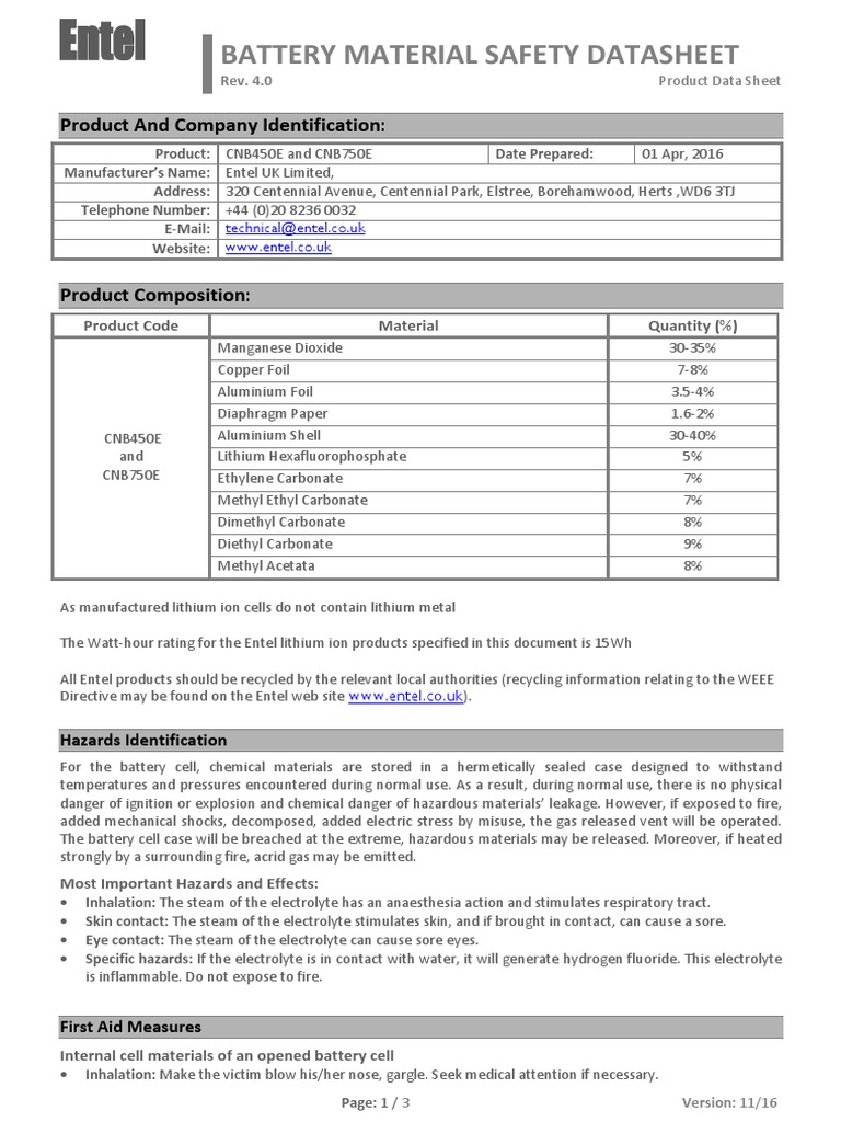 MSDS - ENTEL Battery | PDF | Cargo | Lithium Ion Battery