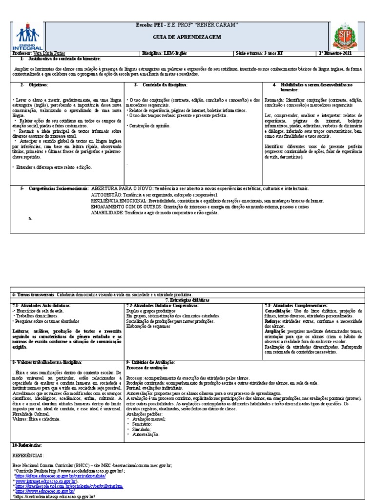 Guia de Aprendizagem 3 Anos 2021 (Ga) | PDF | Aprendizado | Comunicação