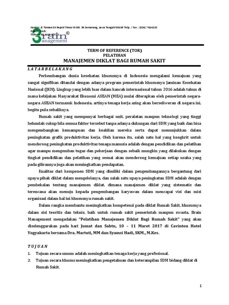 Term of Reference Tor Pelatihan Manajemen Diklat Bagi Rumah Sakit | PDF | Pengembangan Diri