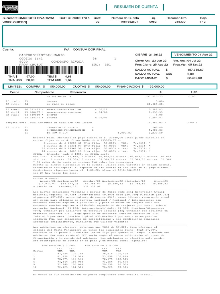 Resumen Tarjeta de Credito AMERICAN EXPRESS | PDF | Interés | Bancos