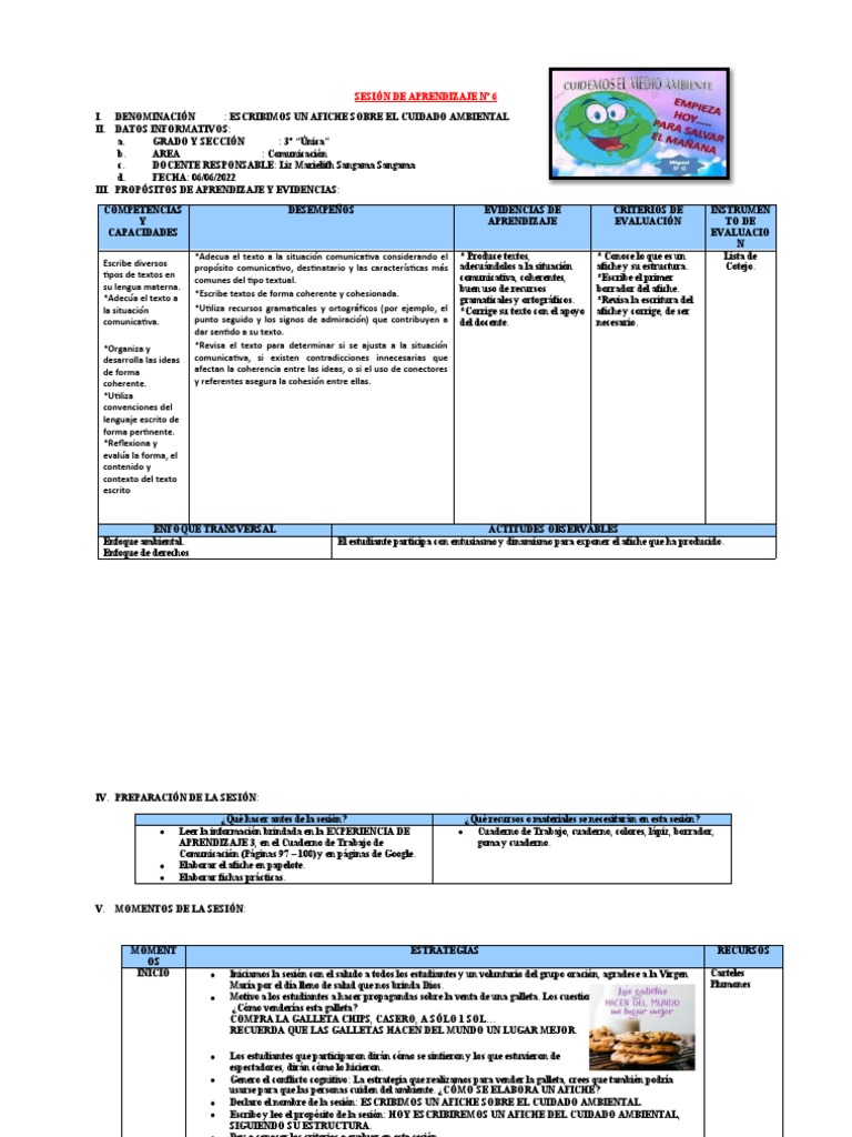 Sesión de Aprendizaje #6 | Descargar gratis PDF | Aprendizaje | Evaluación