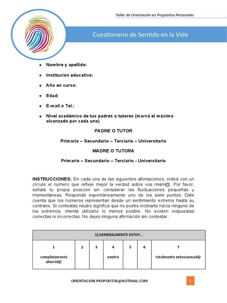 Cuestionario de Sentido en La Vida | PDF