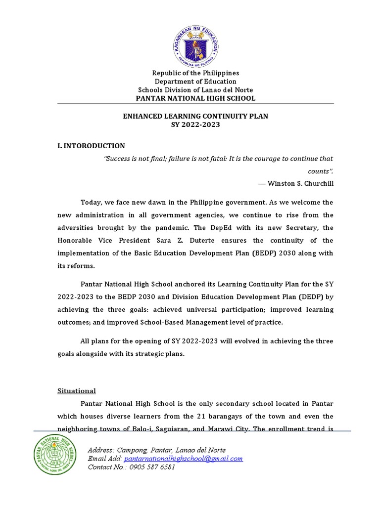 Preparing for Continuity of Education: Pantar National High School's ...