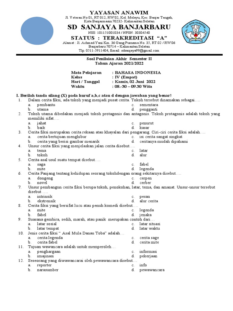 Soal PAS B.IND Kelas 4 Sem 2 | PDF