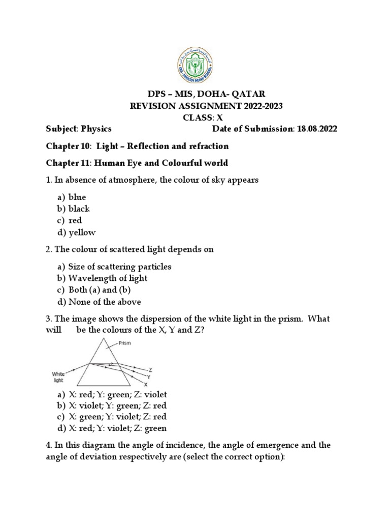 Half Yearly Revision Assignment for Grade X 2022 | PDF | Vision | Optics