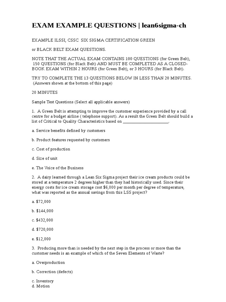 EXAM EXAMPLE QUESTIONS - Lean6sigma-Ch | PDF | Statistics | Regression ...