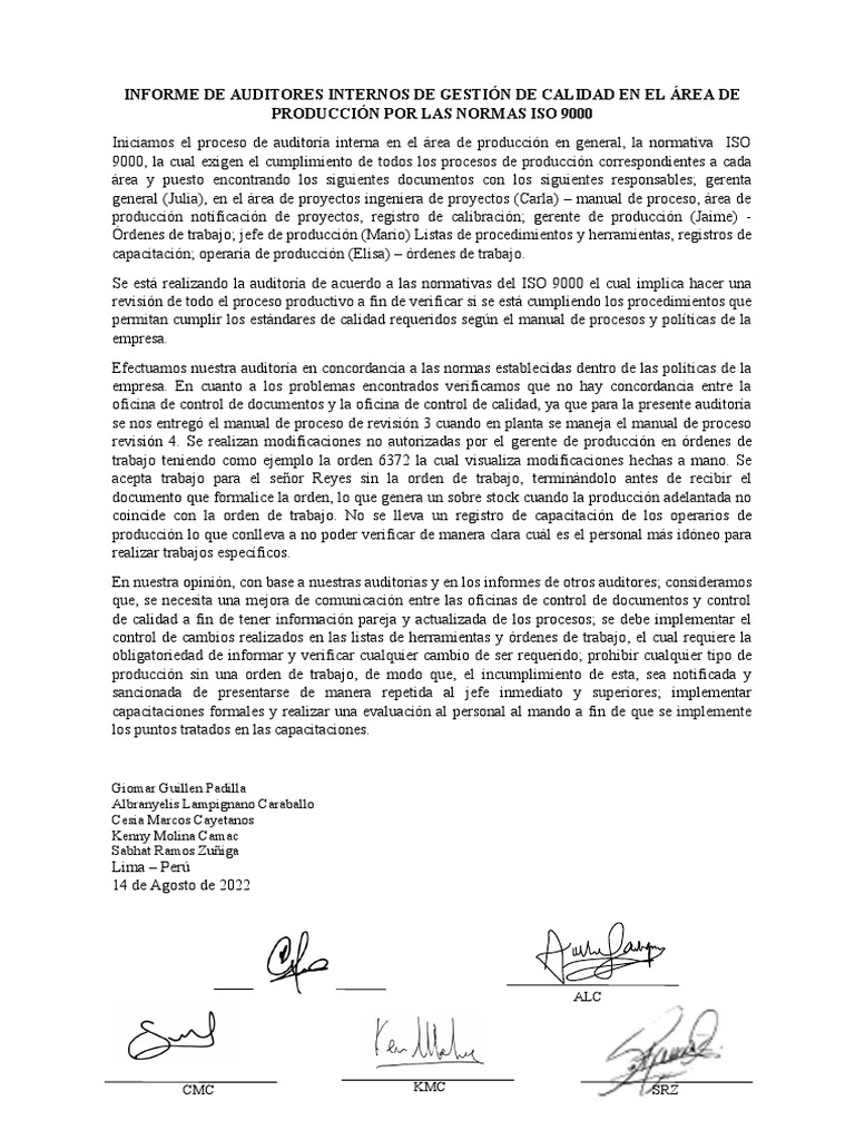 Informe de auditoría interna de gestión de calidad e ISO 9000 en el área de producción que ...