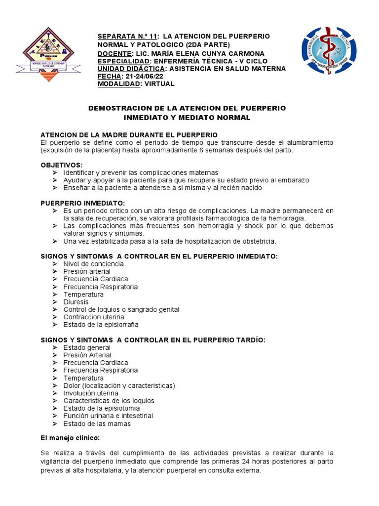 Separata Nº11 Demostracion Del Puerperio Inmediato y Mediato | PDF ...