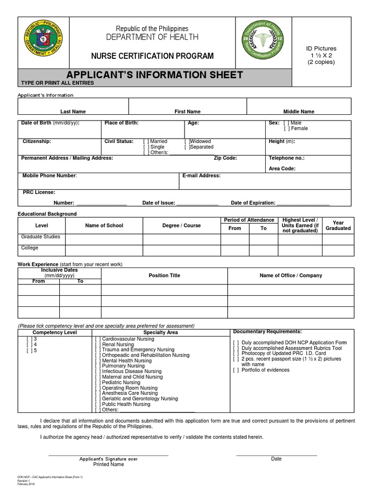 Applicant'S Information Sheet: Nurse Certification Program | PDF | Nursing | Identity Document