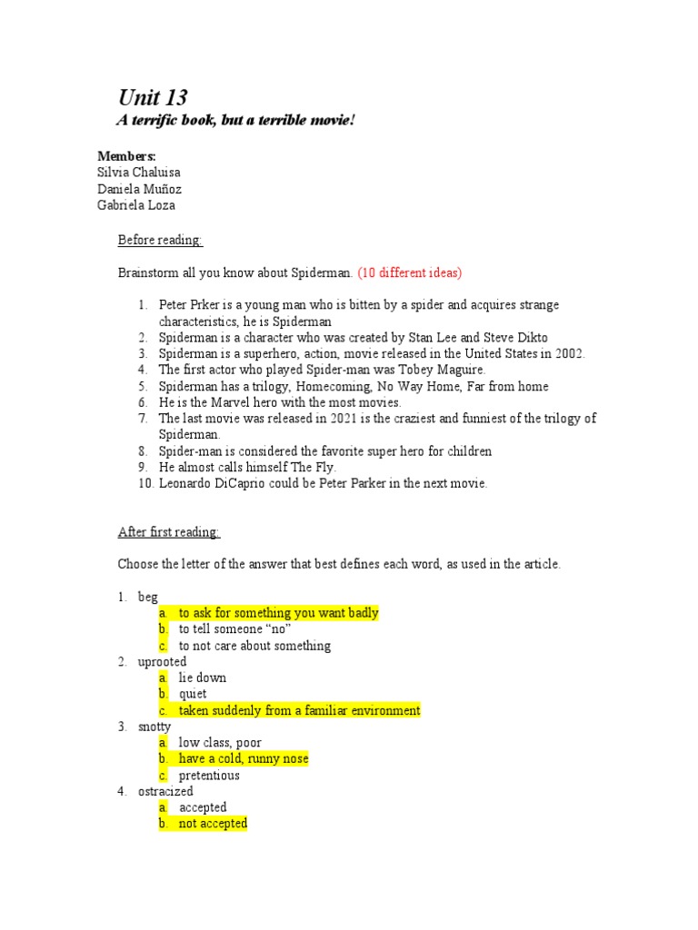 Supplemental Reading I2 U13 | PDF | Spider Man