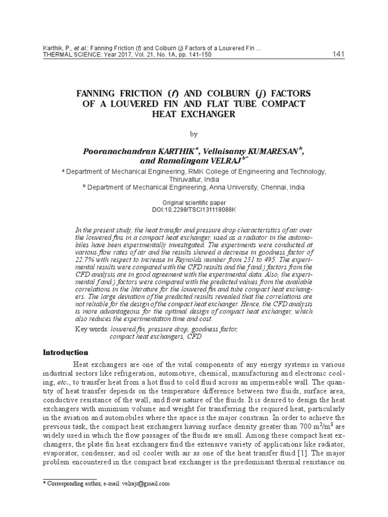 Fanning Friction (F) and Colburn (J) Factors of A Louvered Fin and Flat ...