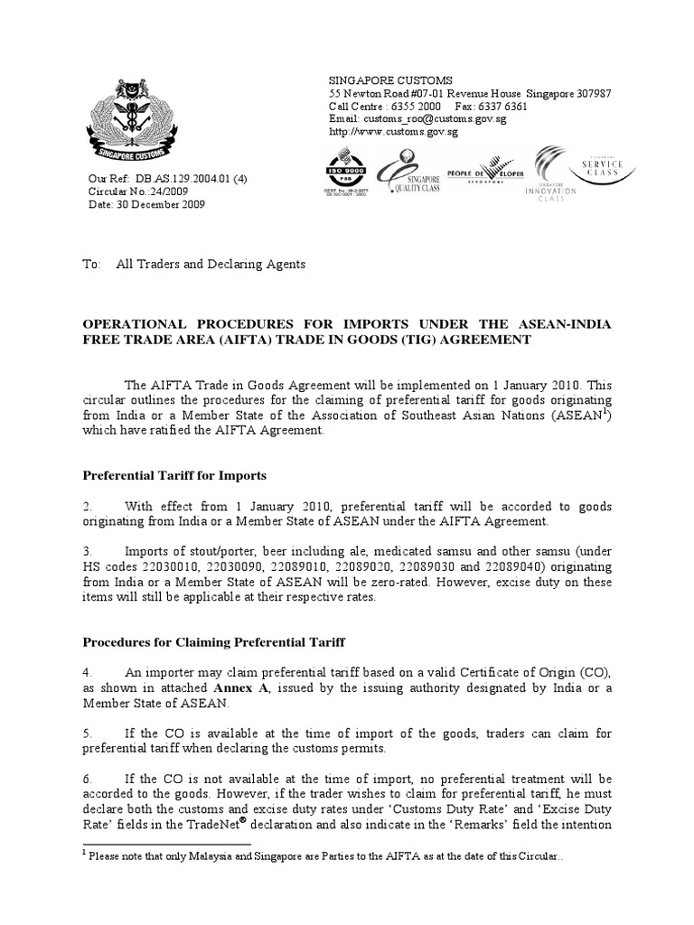 Operational Procedures For Imports Under The Asean-India Free Trade ...