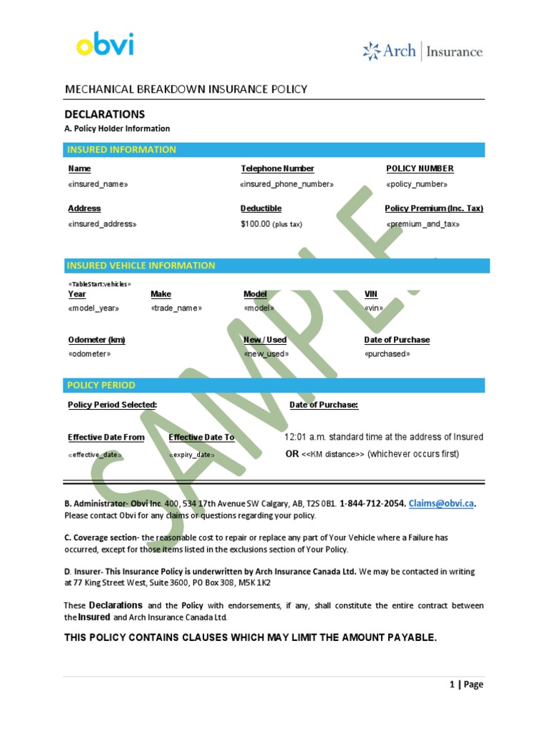 Obvi Mechanical Breakdown Insurance Policy | PDF | Insurance | Receipt