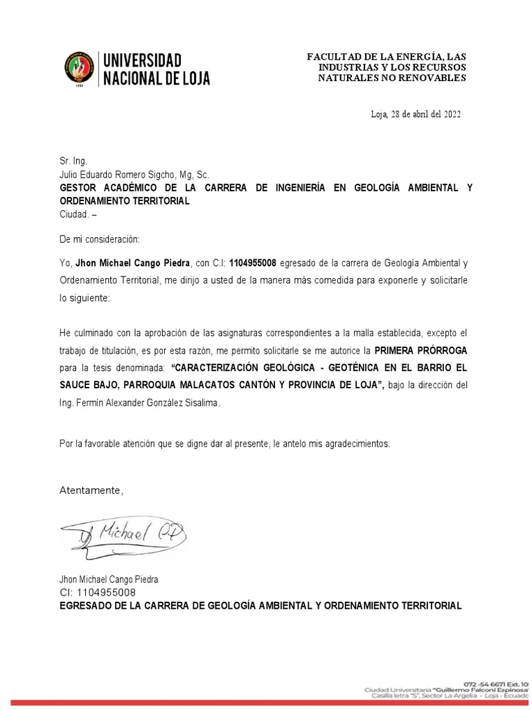 Solicitud Prórroga Jhon Cango | PDF