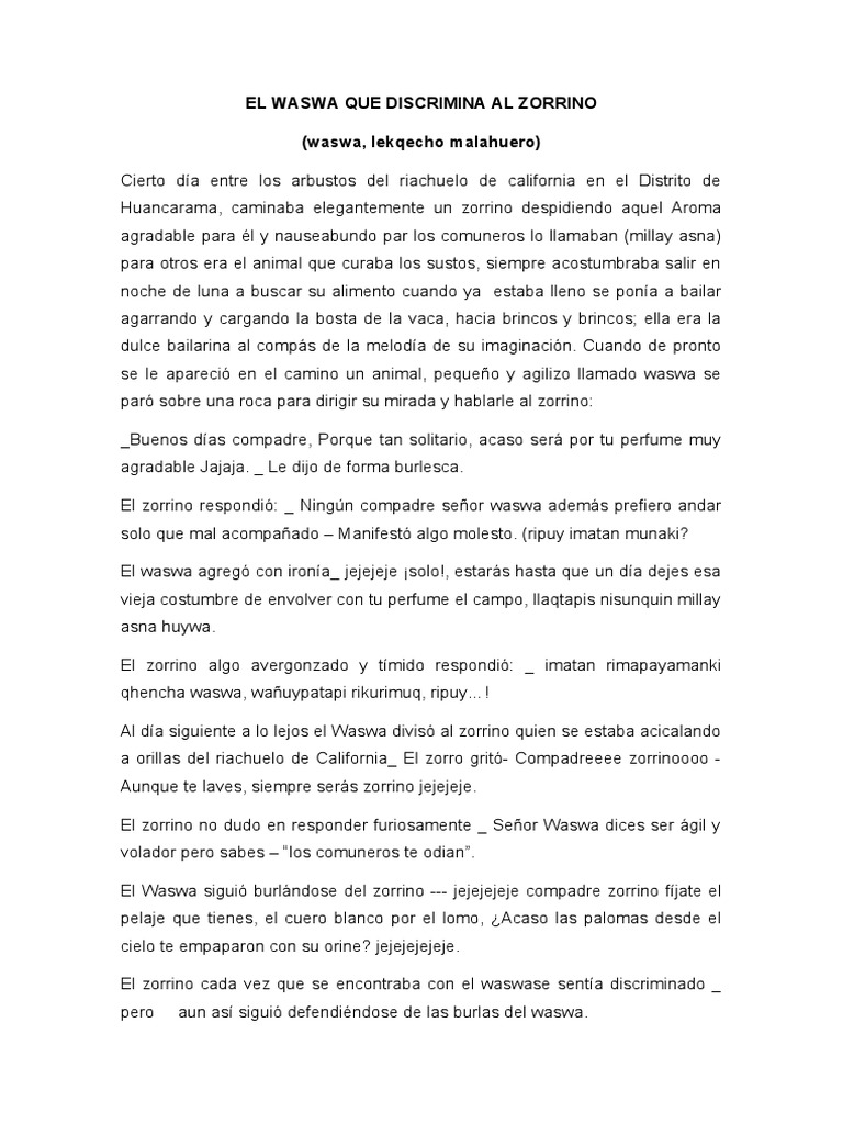 El Waswa y el Zorrino: Lección de Respeto | PDF
