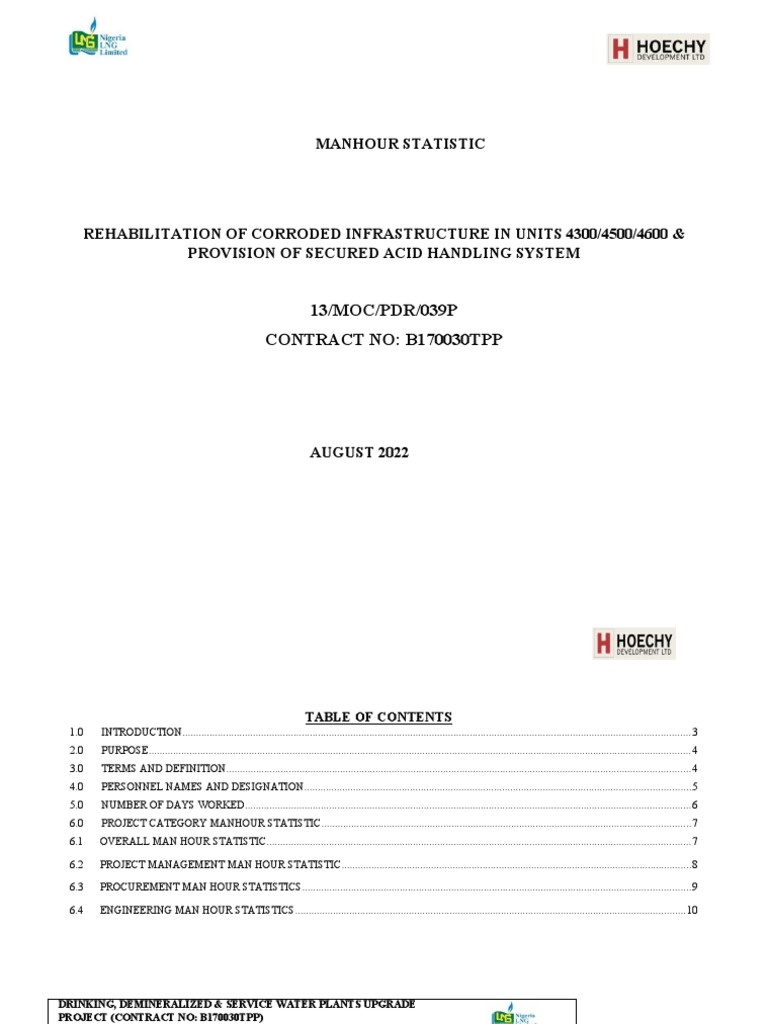 Manhour Statistic: 13/MOC/PDR/039P Contract No: B170030Tpp | PDF ...