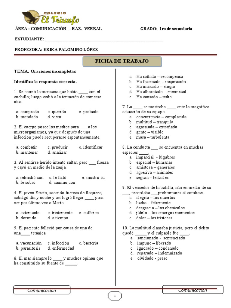 Ficha de Oraciones Incompletas | PDF