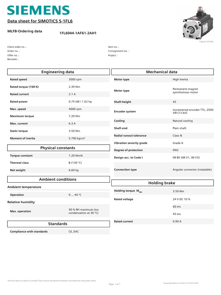 Data Sheet For SIMOTICS S-1FL6: Engineering Data Mechanical Data | PDF ...