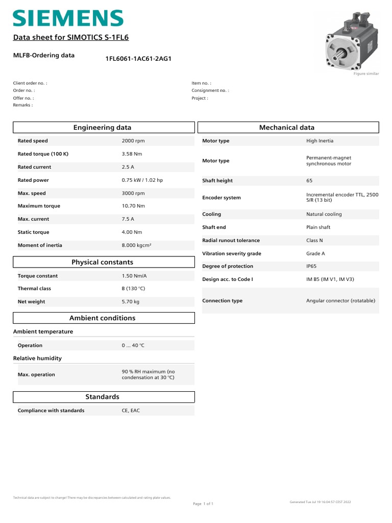 Data Sheet For SIMOTICS S-1FL6: Engineering Data Mechanical Data | PDF ...