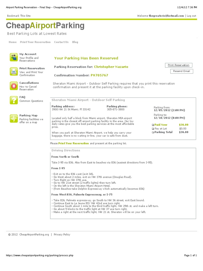 Airport Parking Reservation - Final Step | PDF | Miami