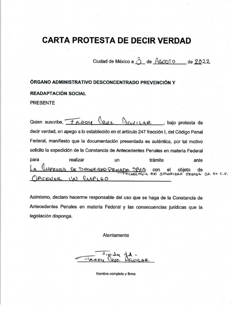Carta Protesta de Decir Verdad | PDF