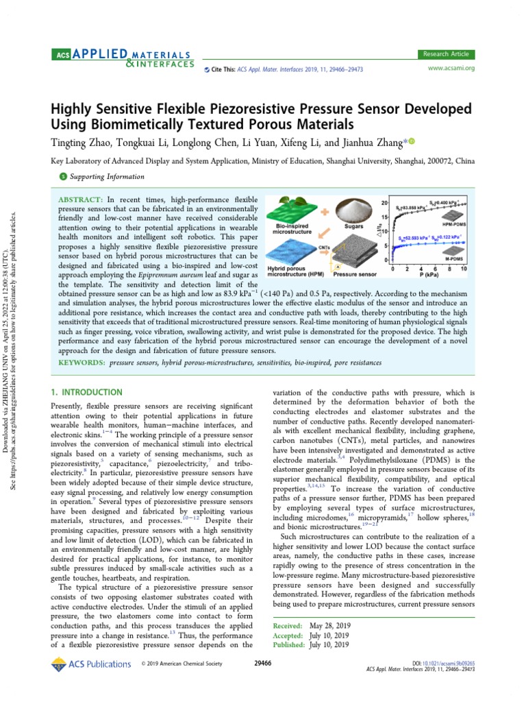 2019 Highly Sensitive Flexible Piezoresistive Pressure Sensor Developed Using Biomimetically