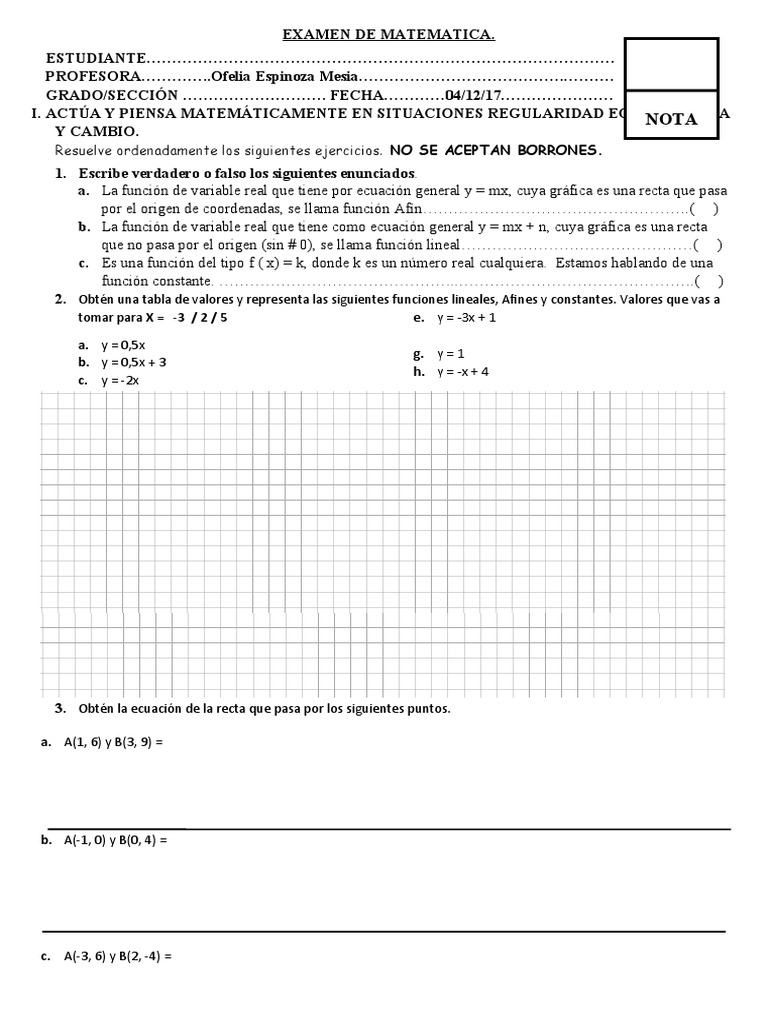 Examen de Matematica Funcion Lineal | PDF | Sistema de coordenadas ...