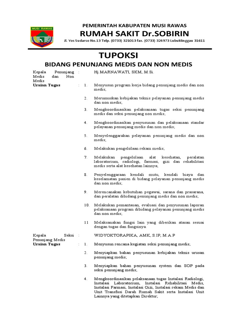 Tupoksi Bidang Penunjang Medis Dan Non Medis | PDF