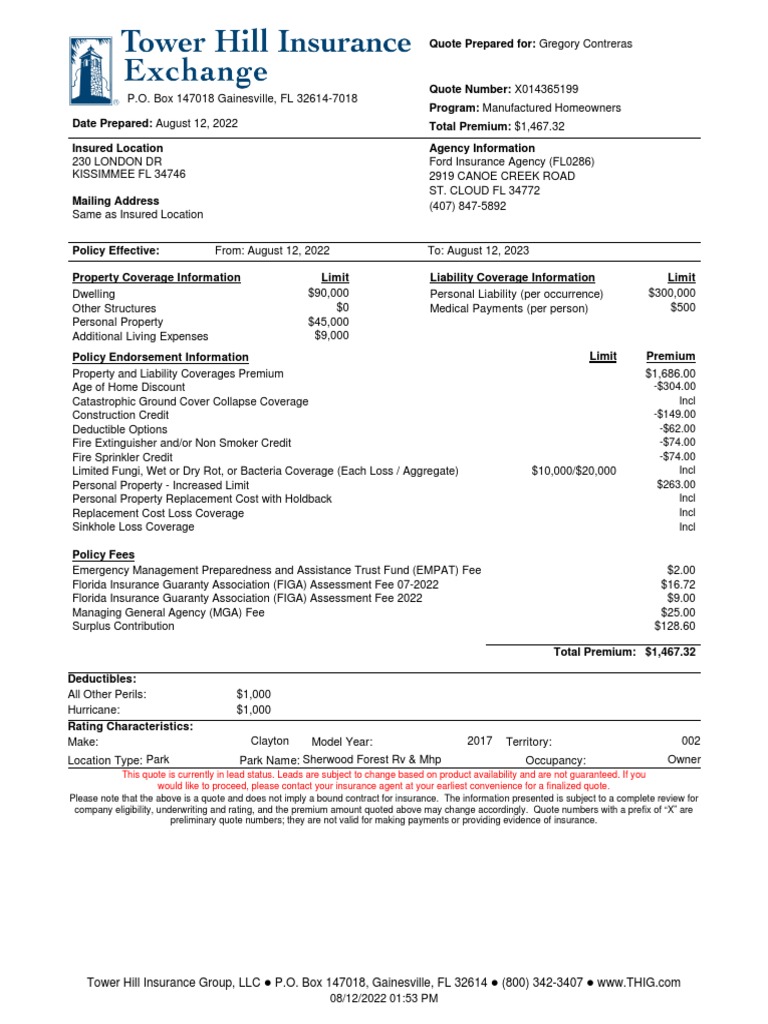 Manufactured Home Insurance Quote | PDF | Insurance | Home Insurance