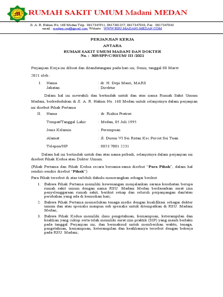 Perjanjian Kerja Dokter Dengan Rsu Madani Pdf