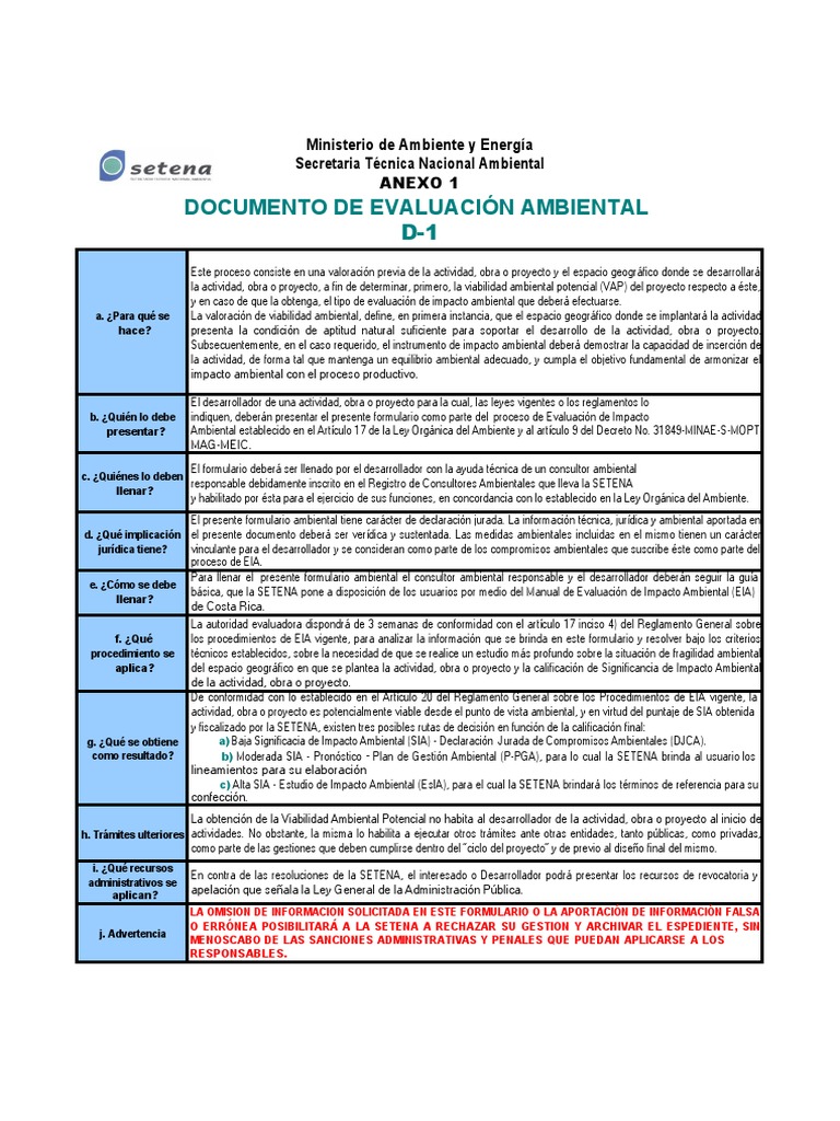 Formulario D1 SETENA Version Oficial Proyecto Final | PDF | Evaluación ...