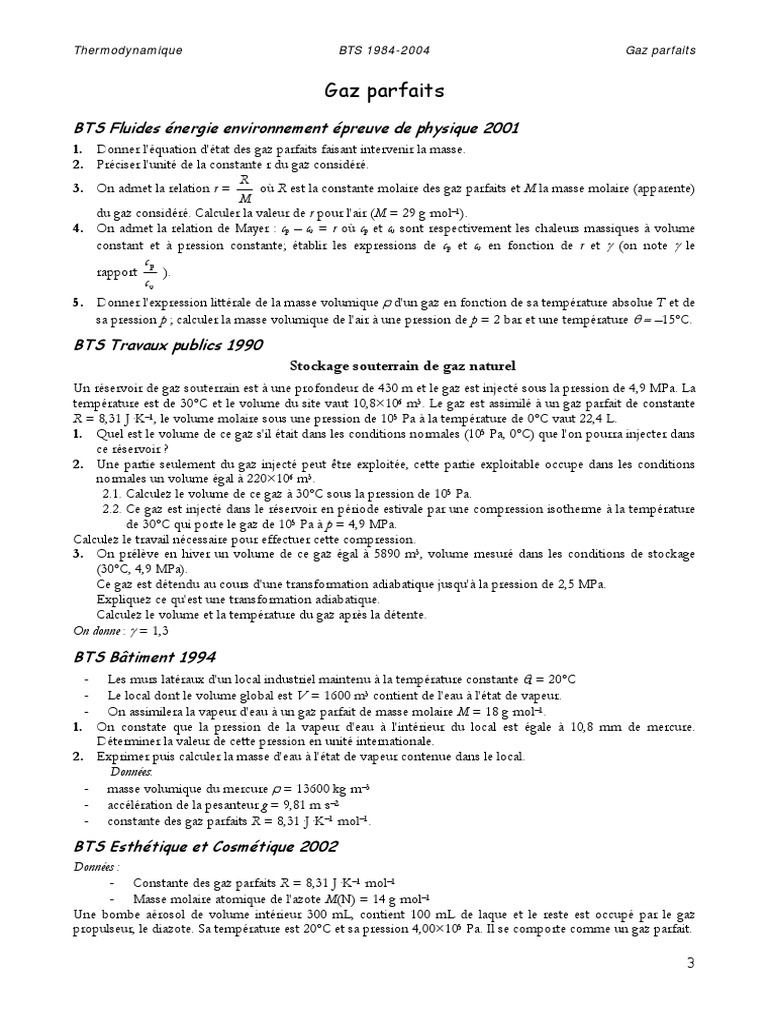 Examen BTS Thermo Gaz1 | PDF | Thermodynamique | Capacité thermique