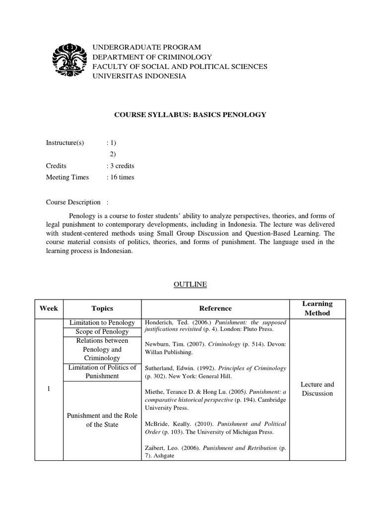 Course Syllabus Basics Penology | PDF | Punishments | Criminology