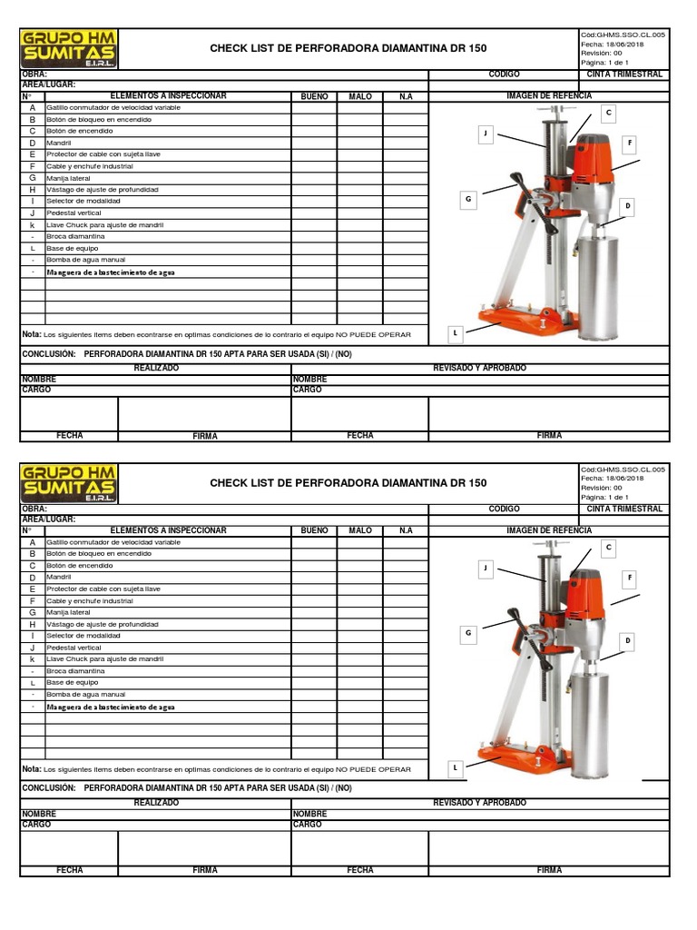 6.check List Perforadora Diamantina | PDF | Bienes manufacturados | Equipo