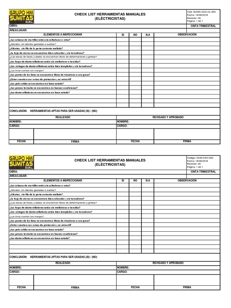 2.check List Herramientas Manuales Electricistas | PDF
