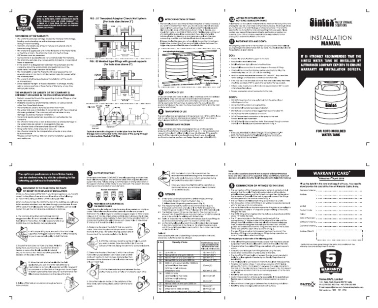 Sintex Installation Manual & 5 Year Warranty - PDF | PDF