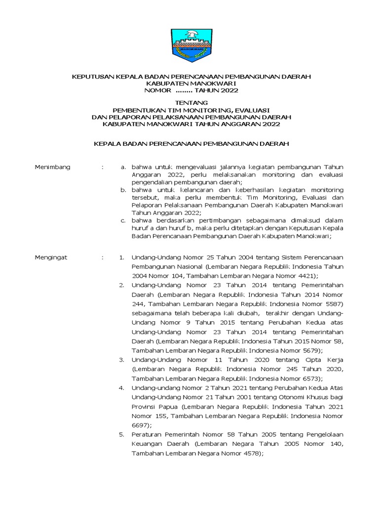 SK - TIM - Monitoring Kabupaten Manokwari 2022 | PDF