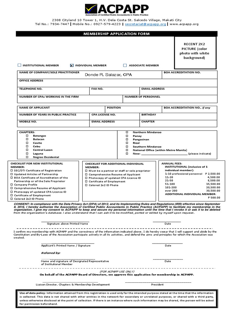 Donde R. Salazar, CPA: Membership Application Form | PDF | Certified ...