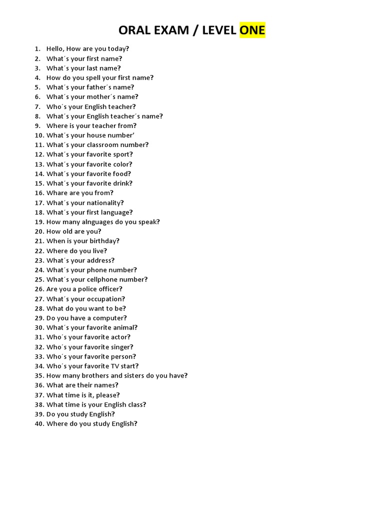 Oral Exam Level One | PDF