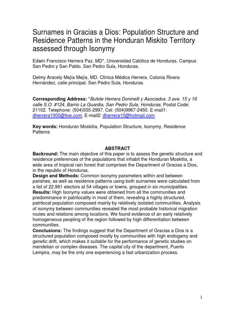 Surnames in Gracias A Dios Population Structure and Residence Patterns ...